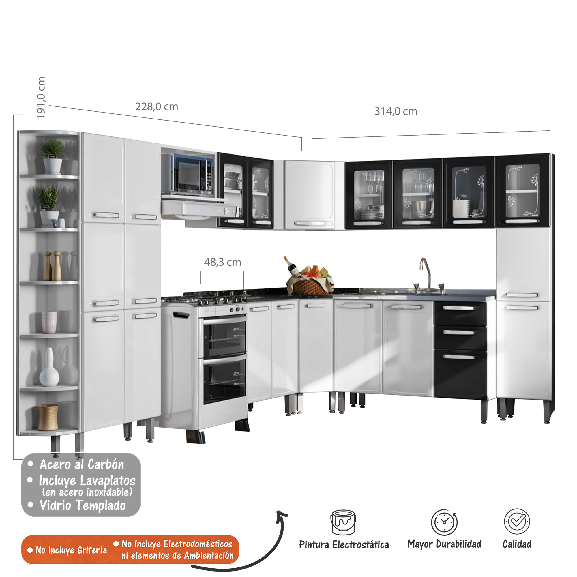 Cocina Integral en L Bertolini en Acero Incluye Lavaplatos Color Blanco ...