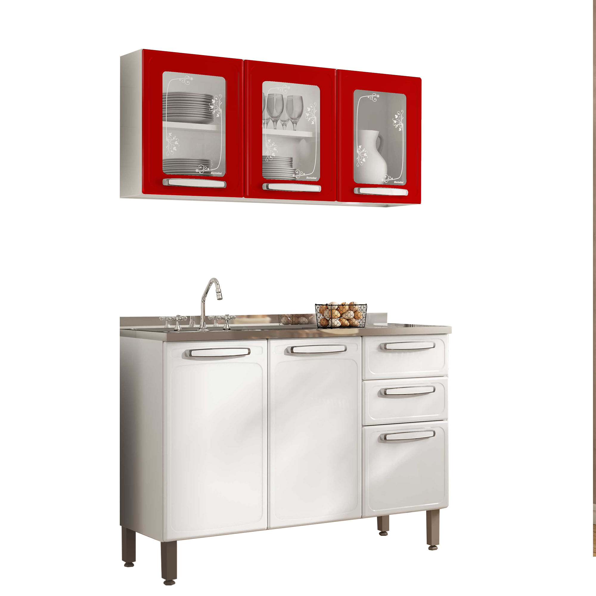 Cocina Integral Bertolini en Acero 1.20m Incluye Lavaplatos Color Rojo ...