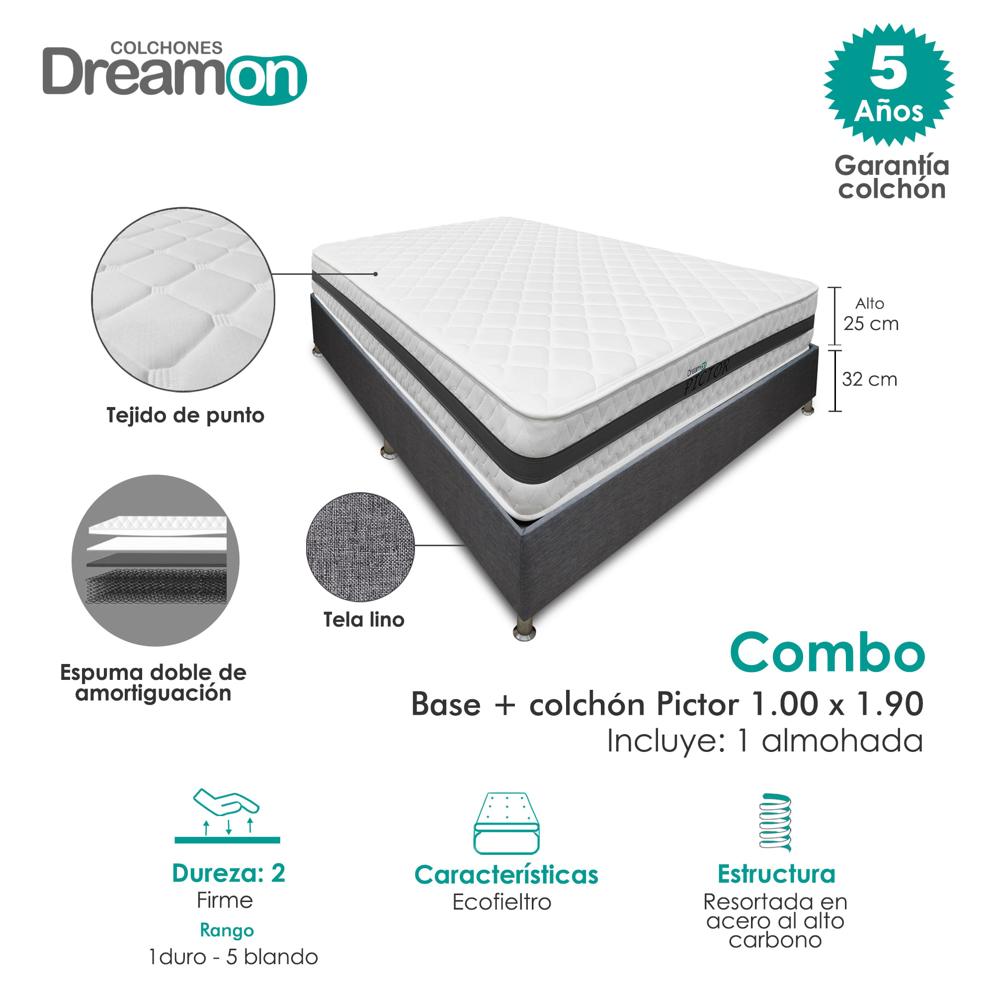 Combo Base Dreamer Plus + Colchon DreamOn Podium 100 x 190 cm Dureza ...