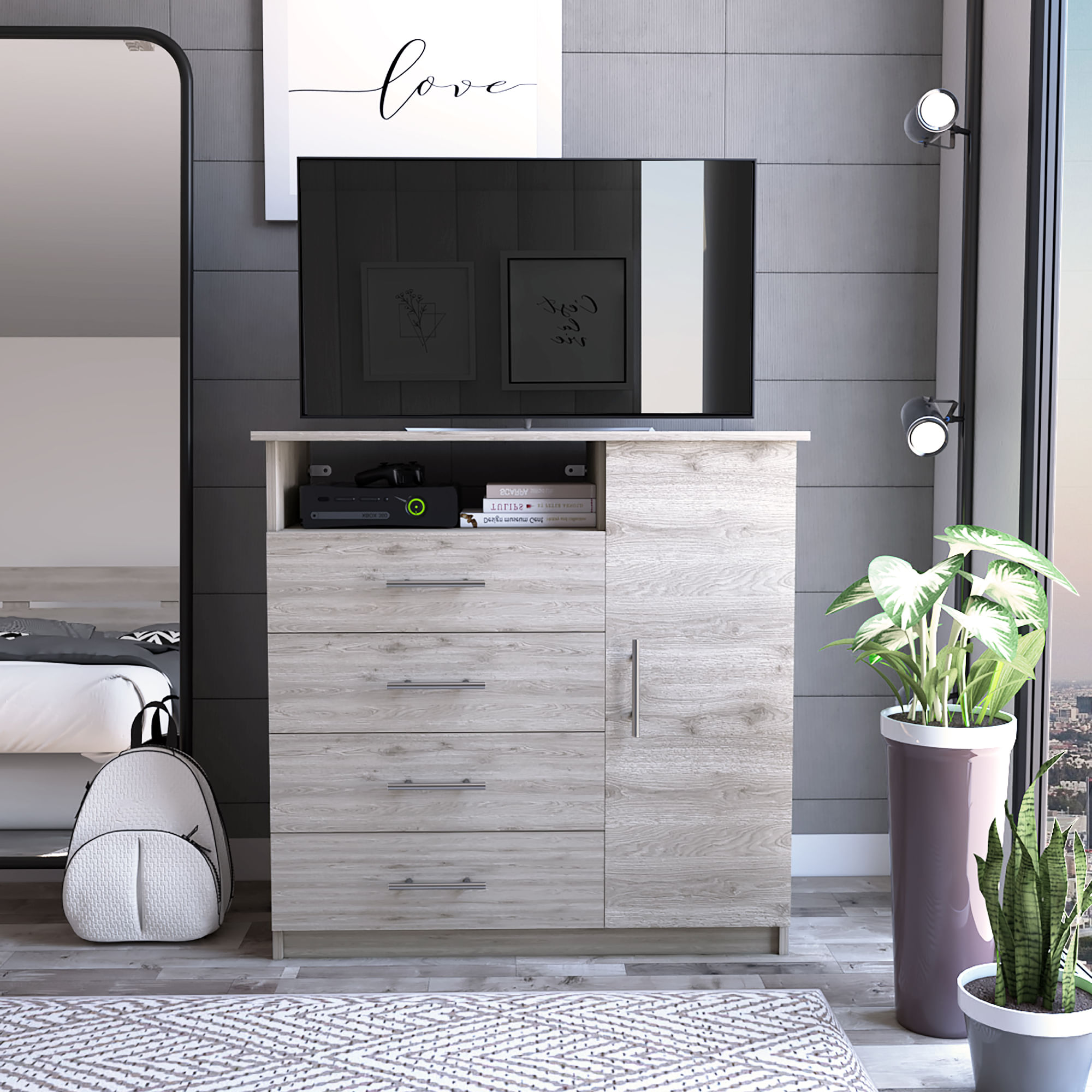Cómoda cajonera 91cm en MDP 15mm 4 cajones 1 puerta Ceniza - Bertolini ...