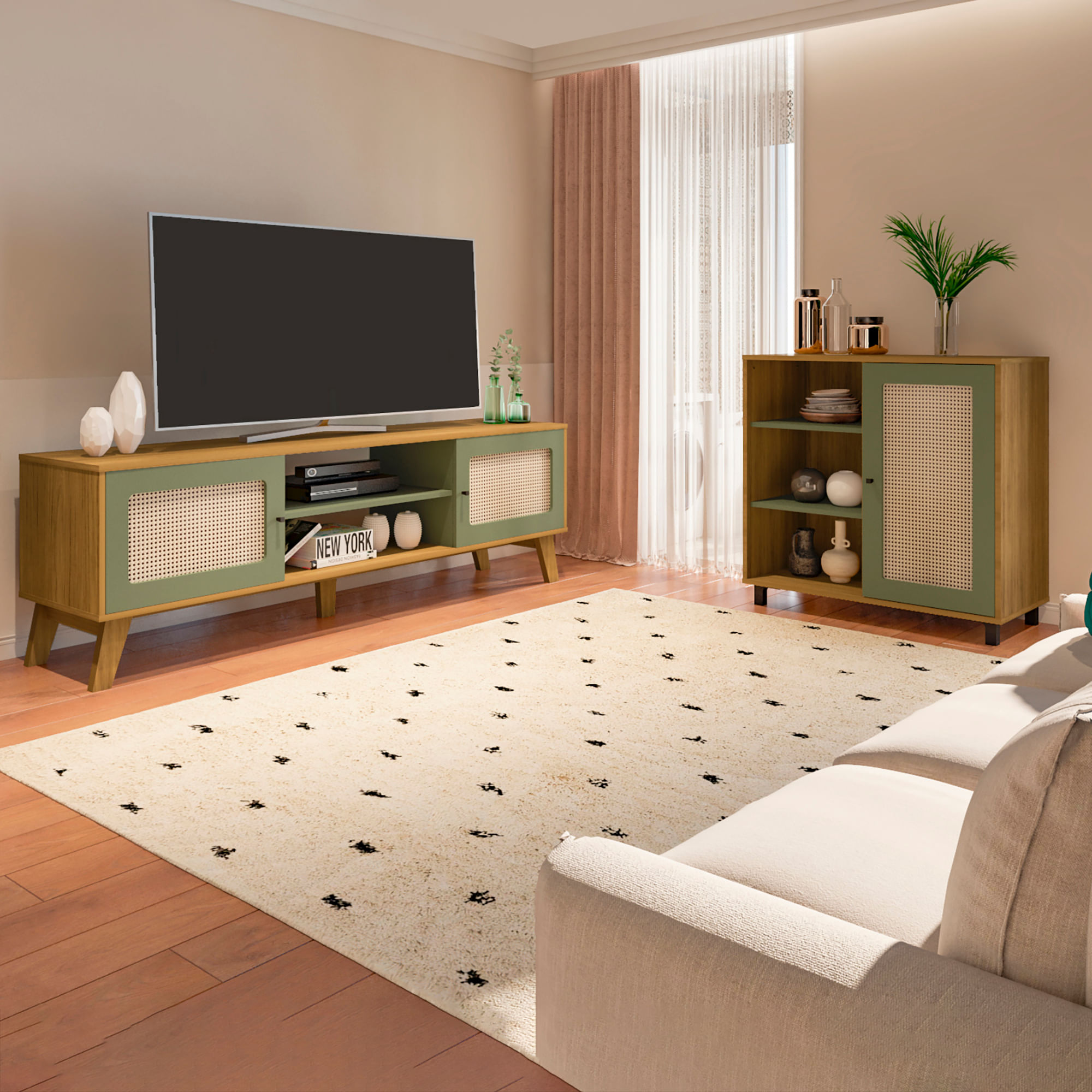 Combo Mueble TV 75" Incluye Bife Color Roble Y Menta - Bertolini Colombia